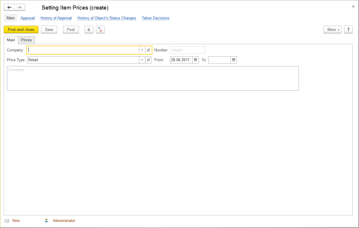 3.1.1.1. Создание и редактирование документа «Установка цен номенклатуры». Вкладка «Основное ...