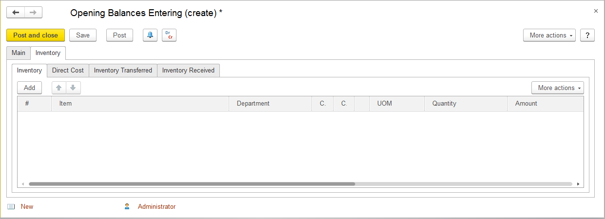 7.4.2. Создание и редактирование документа «Ввод начальных остатков». Раздел учета «Запасы ...