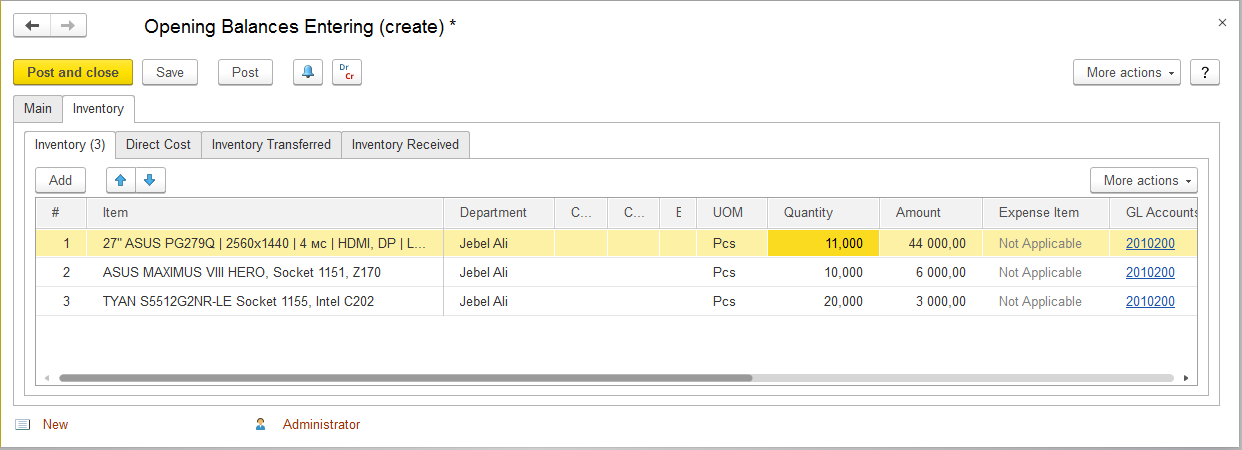 7.4.2.1. Создание и редактирование документа «Ввод начальных остатков». Вкладка «Запасы ...