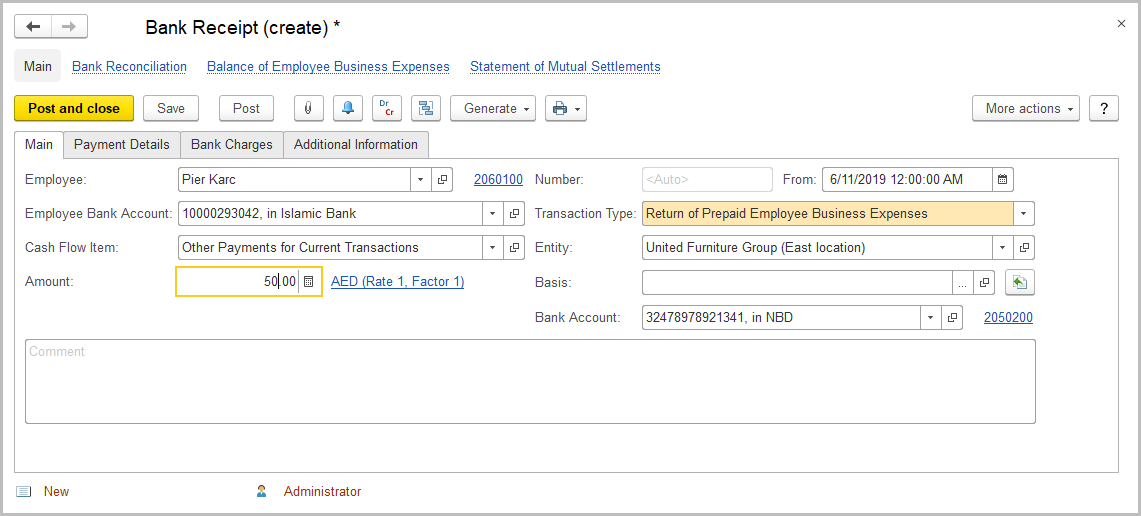 6.2.1.3.1. Creating a Bank Receipt. The Main tab - FirstBit User Guide - Confluence FirstBit