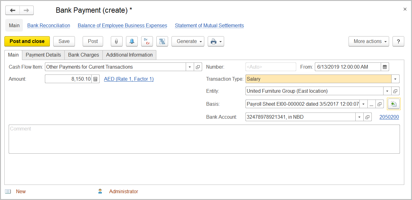6.2.2.5.1. Creating a Bank Payment. The Main tab - FirstBit User Guide - Confluence FirstBit