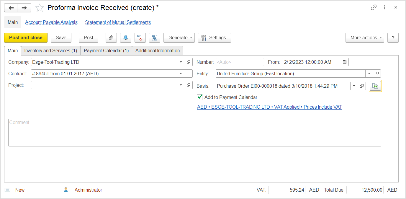 4.2.4.1. Creating a Proforma Invoice Received. The Main tab - FirstBit User Guide - Confluence ...